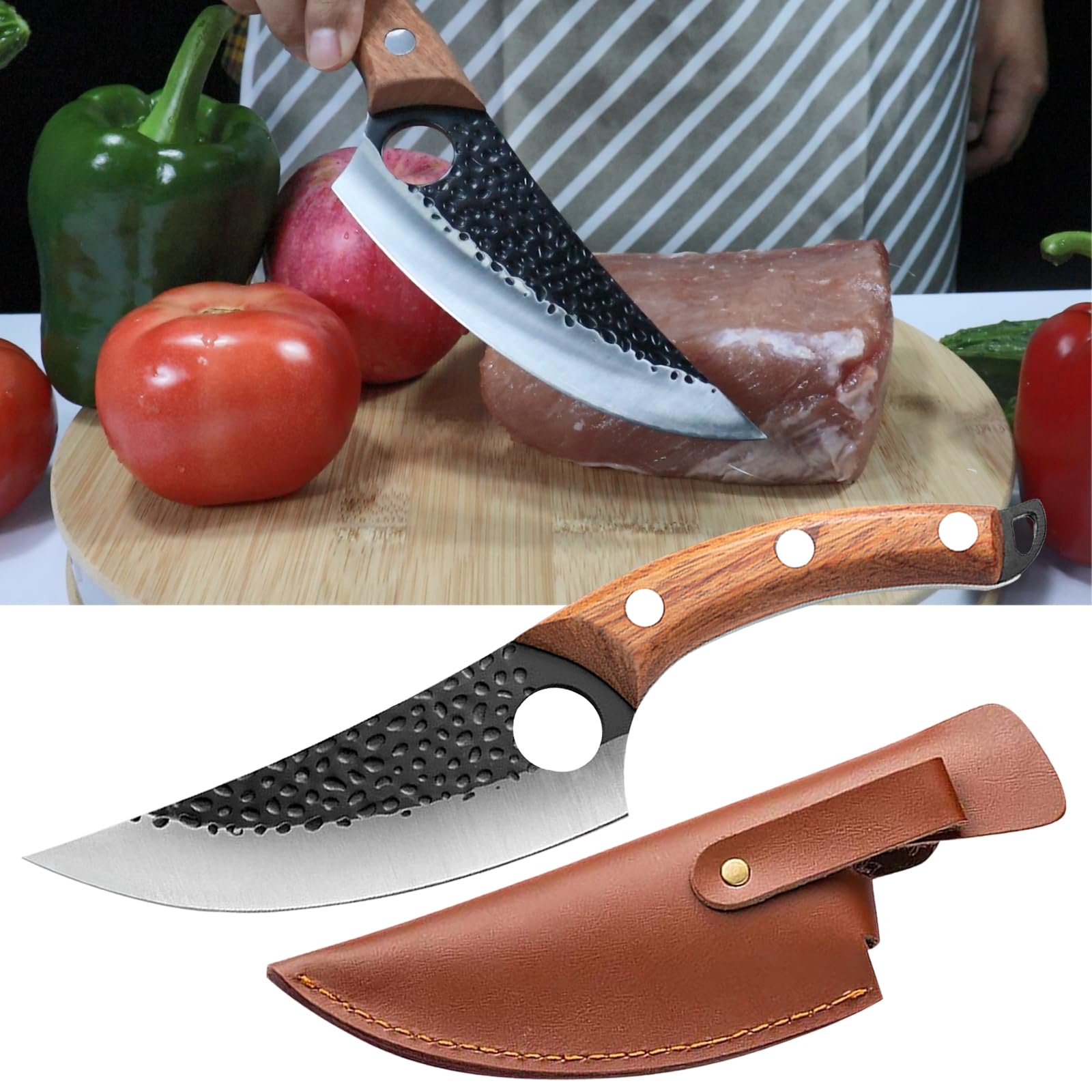 SMARTCITYNOMO Chefs Knife with Sheath - 5.7 Inch Kitchen Cooking Knife for Chopping/Meat Cutting, High Carbon Fine Steel with Pear Wood Handle for Home, Outdoor Camping, BBQ