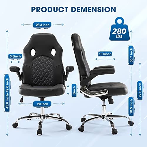 Gaming Chair, Home Office Computer Chair PU Leather Ergonomic Racing Desk Chair Adjustable Height Mid Back Executive Task Chair with Lumbar Support and Flip Up Armrest, Rocking Swivel Comfty Cushion