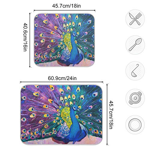 Painting Beautiful Peacock Animal Dish Drying Mat 24"x18" Absorbent Machine Washable Hanging Fast Dry Pad Dish Protective Mat for Kitchen Countertop Heat Resistant Dinner Table Mat