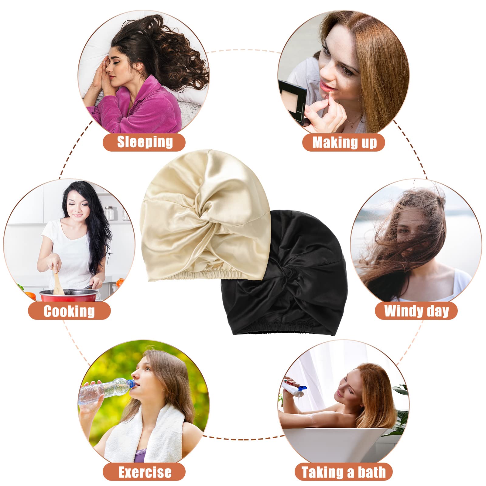 Geyoga 6 Pcs Reusable Large Silk Bonnet Hair Wrap for Sleeping, Natural Silk Scrunchy, Soft Scrunchies, Silk Ponytail Holder for Women's Hair Care (Black, Beige)