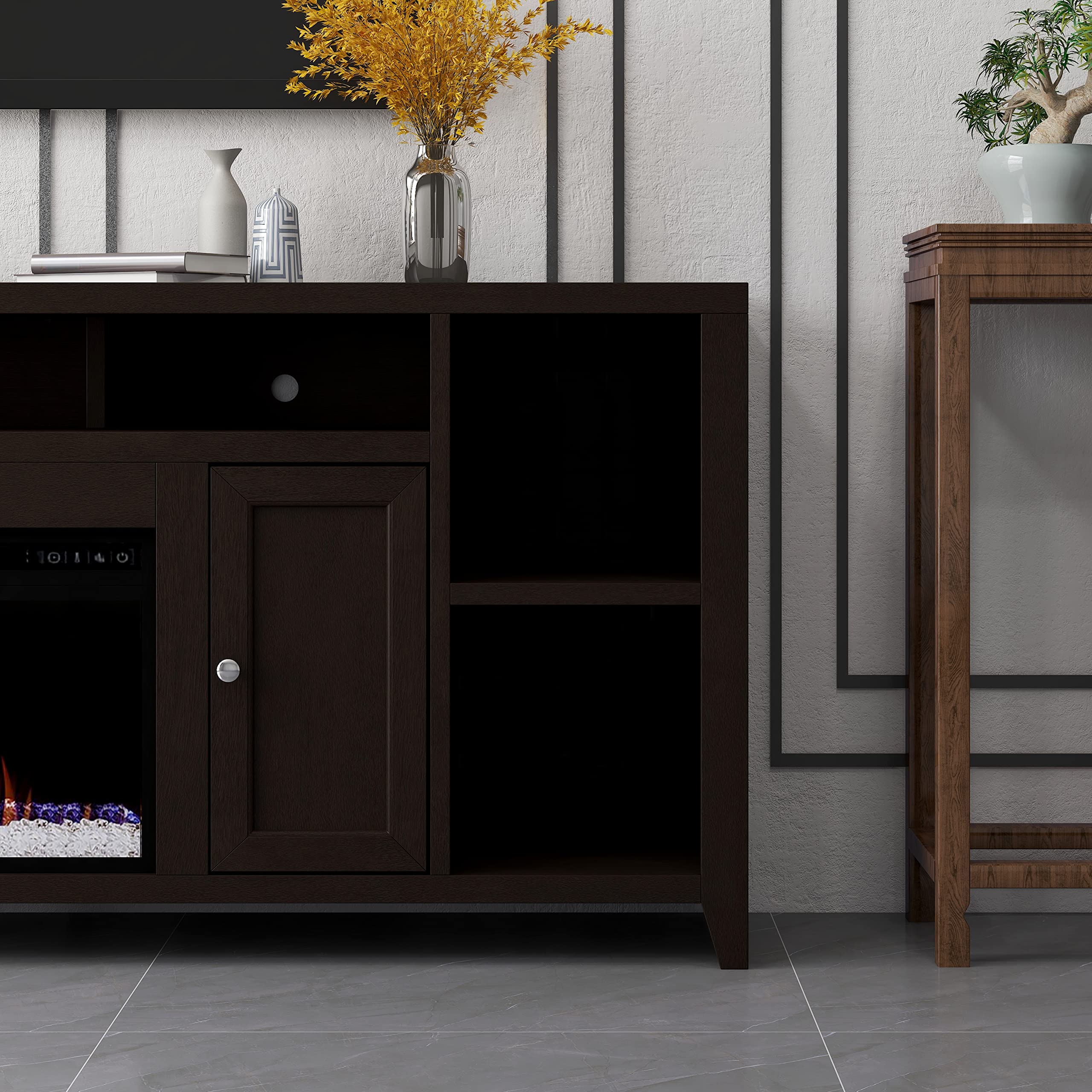 Bridgevine Home Urban Loft Fireplace TV Stand, 84 inches, Accommodates TVs up to 95 inches, Fully Assembled, Poplar Solid Wood, Mocha Finish