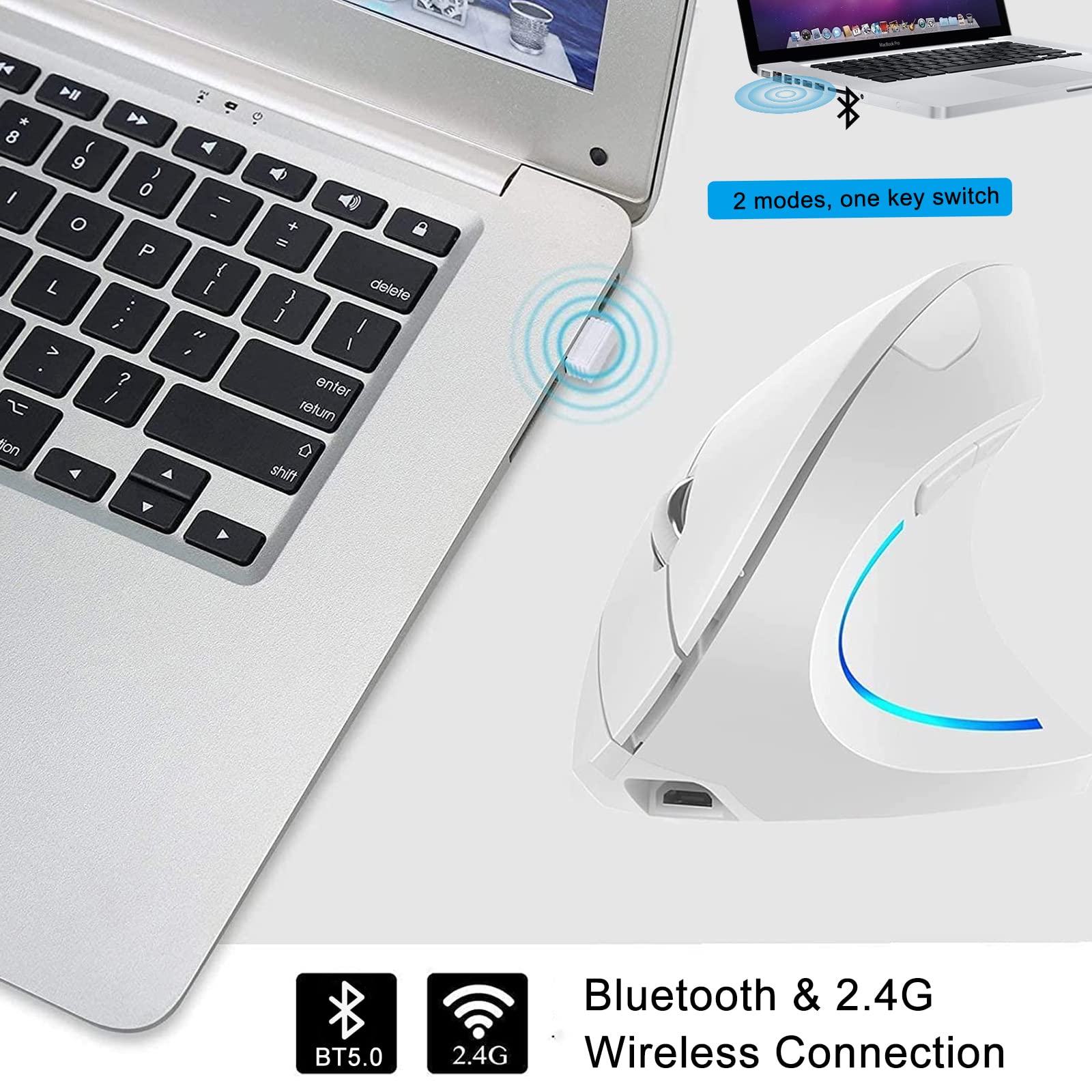 WREWING Vertical Mouse, Right Handed 2.4G and Bluetooth Dual Mode Wireless Ergonomic Rechargeable Vertical Mouse with 4 Adjustable DPI 6 Buttons,Compatible with PC Mac Android Windows (White)