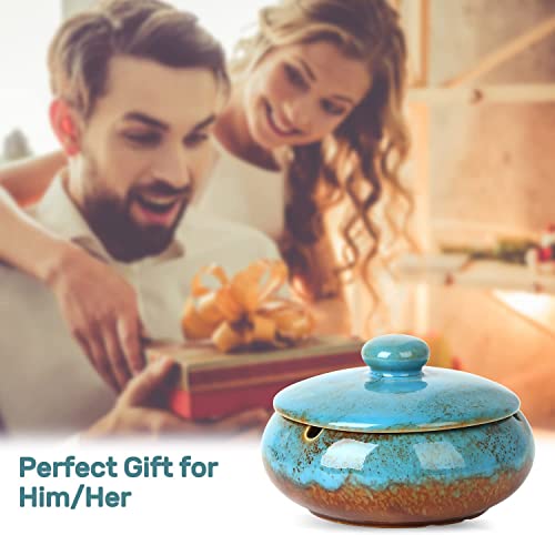 RONXS Ashtray, Outdoor Ash tray for Patio with Lid, Windproof Ashtrays for Cigarettes, Handmade Ceramic Ashtray for Home Office Indoor Decoration