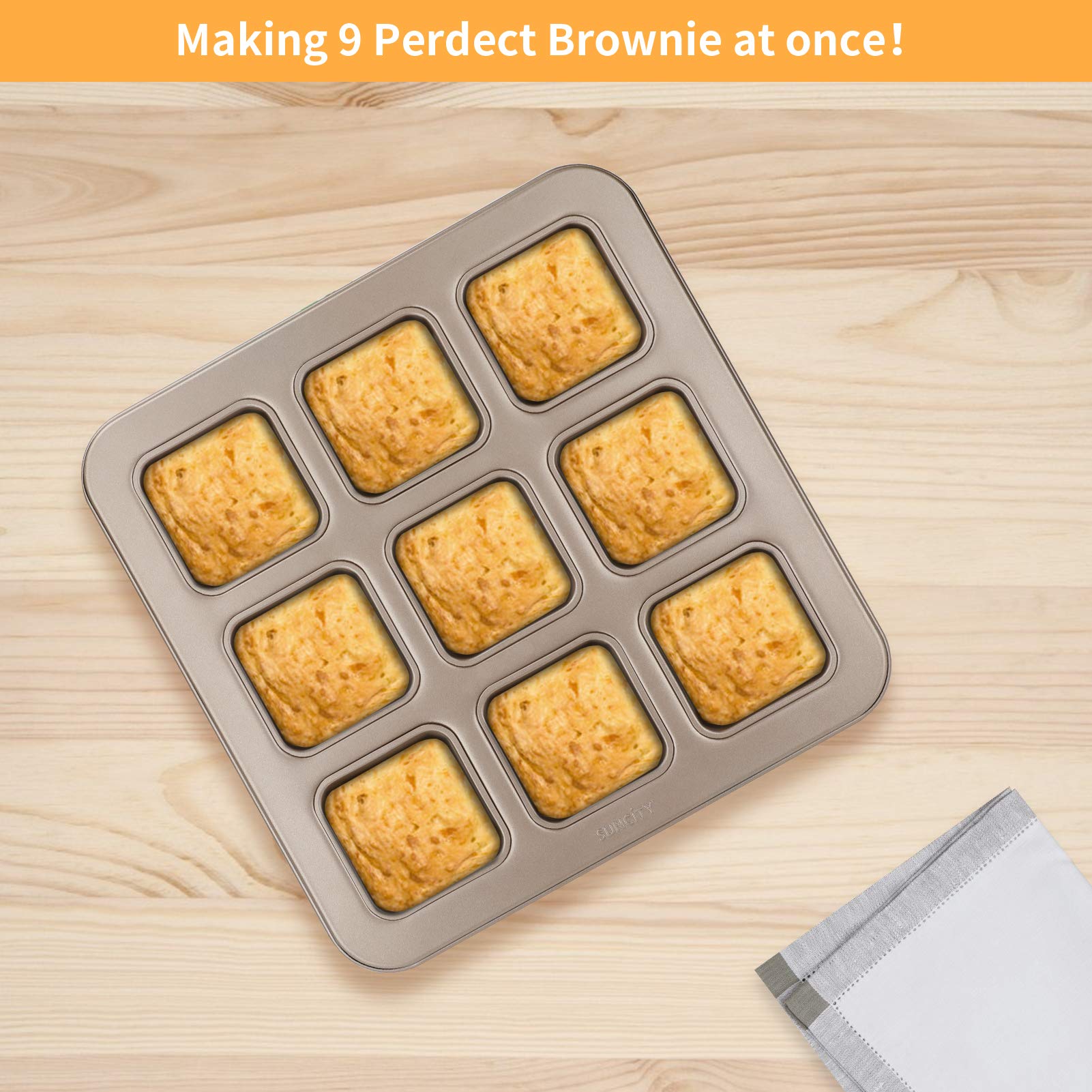 Brownie Pan, 9-Cavity Non-Stick Brownie Pans Square Muffin Pan, Heavy-Weight Carbon Steel Bakeware for Oven Baking, 11"X 11" X 1.6", Champagne Gold