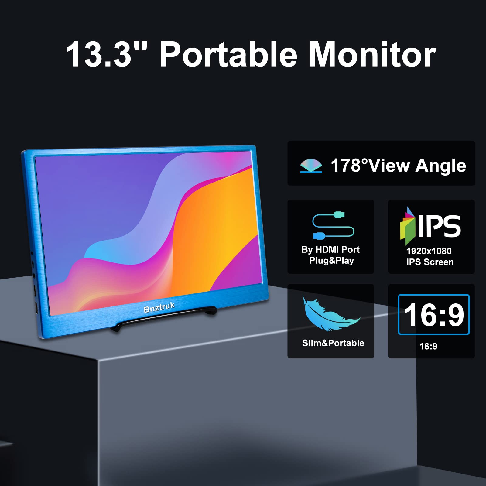 Bnztruk Portable Monitor 13.3 inch Full HD 1080P IPS Screen Computer Display with HDMI interface Gaming Monitor for PS3 PS4 Xbox Nintendo Laptop Raspberry pi,60Hz,PC 16:9,Built in Speaker,Blue