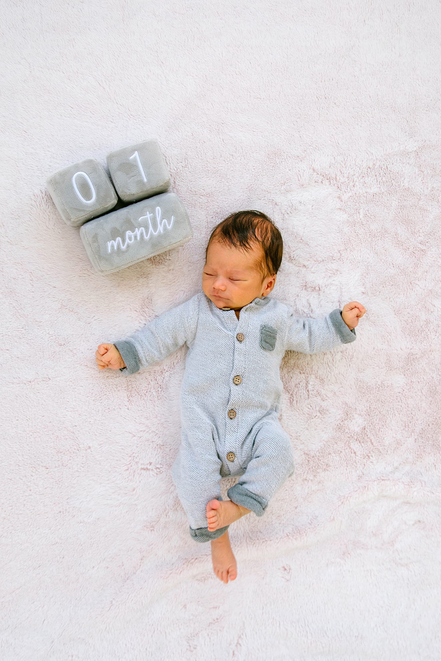 Pearhead Baby Plush Photo Sharing Milestone Age Blocks, Picture Prop, Set of 3 Blocks, Gray