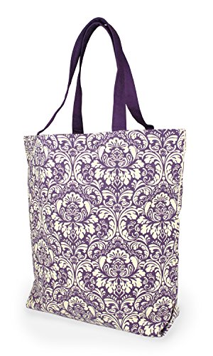 DII CAMZ33546 100% Cotton, Machine Washable Heavy Duty Canvas Reusable Shopping Tote Bag, Natural and Eggplant Damask, Set of 3