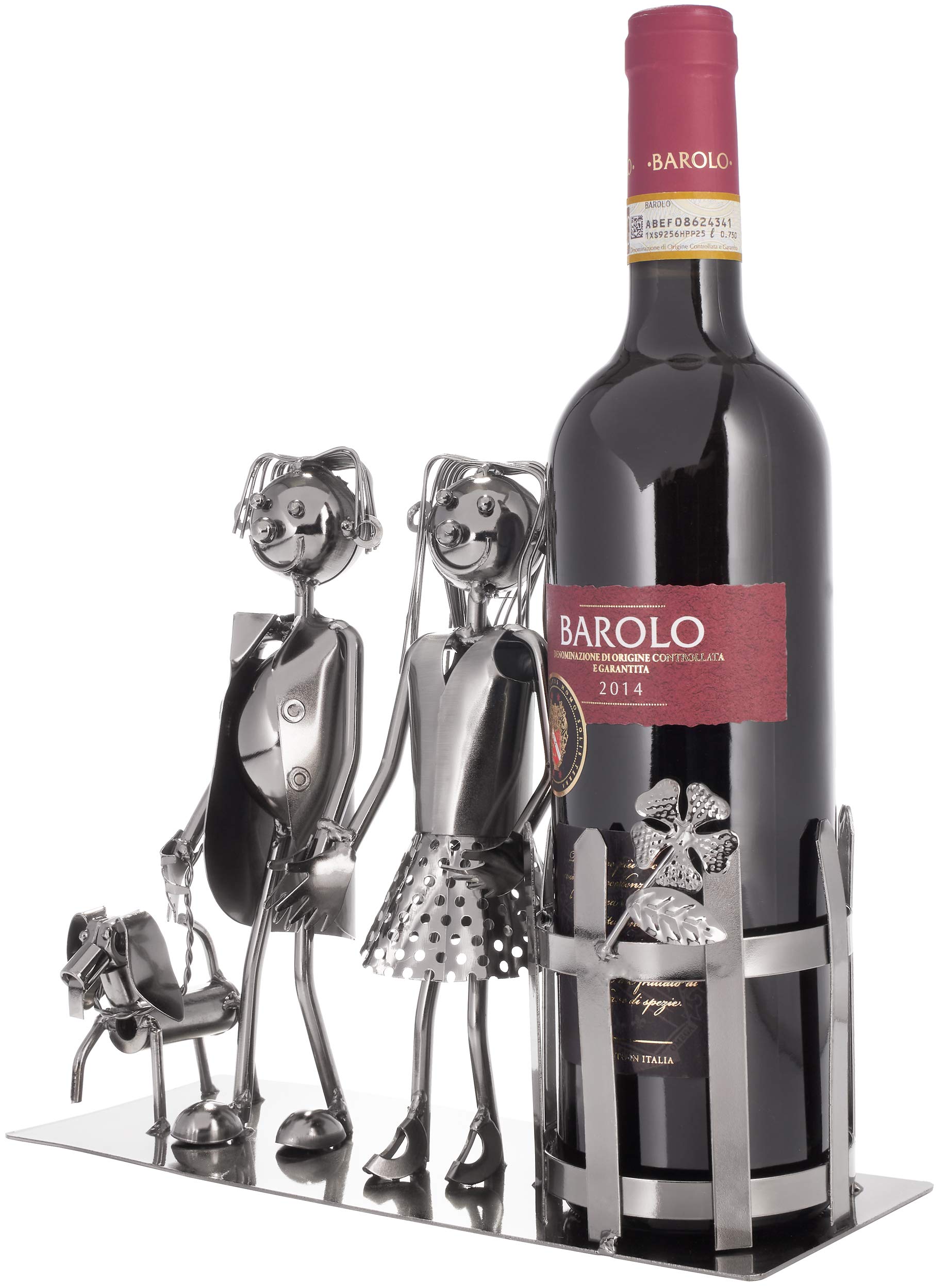 BRUBAKER Bottle Holder Wine - Couple with Dog - Decoration Object Metal - Bottle Stand with Greeting Card