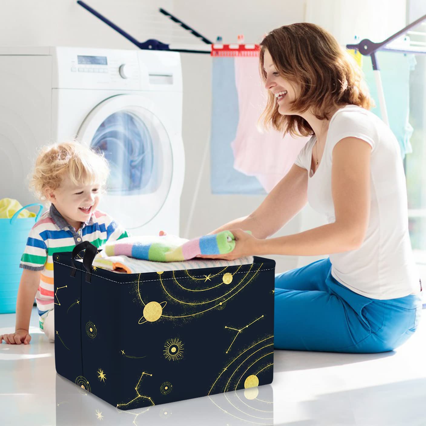 Clastyle Waterproof Universe Planet Storage Baskets for Bedroom Collapsible Blue Outer Space Rectangle Clothes Storage Bin, 15.7 * 11.8 * 11.8 in
