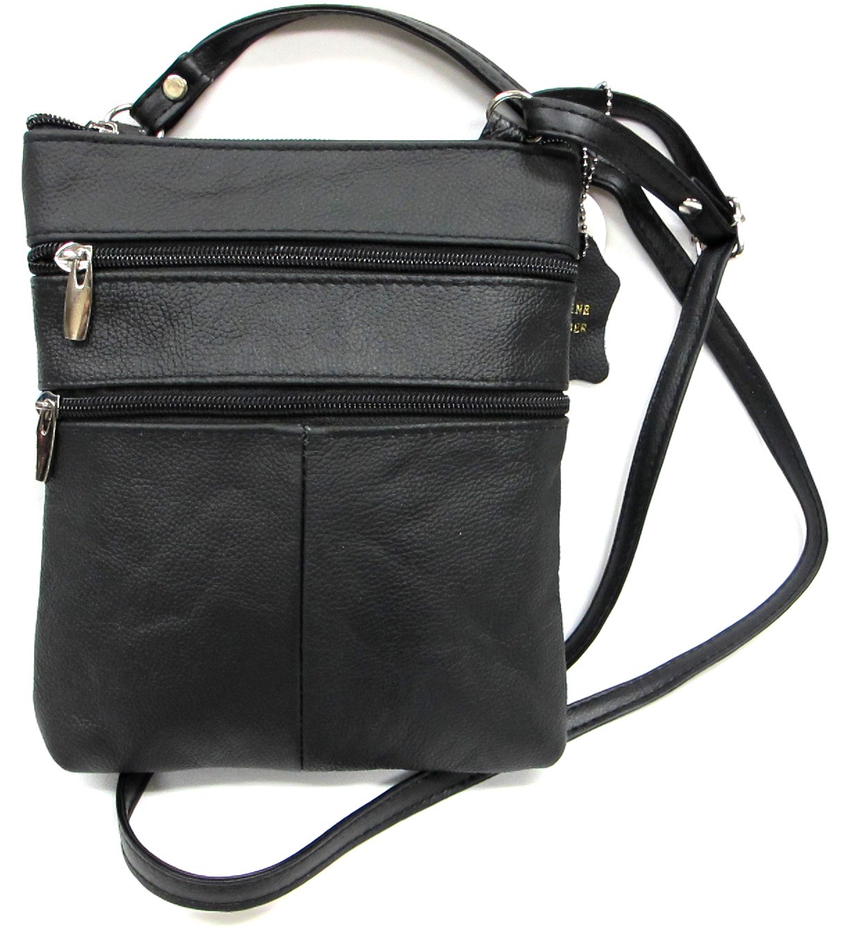 Lady's 5 Zipper Pocket 100% Leather Cross Body Slim Purse Paisley Lining- 5 Color (Black)