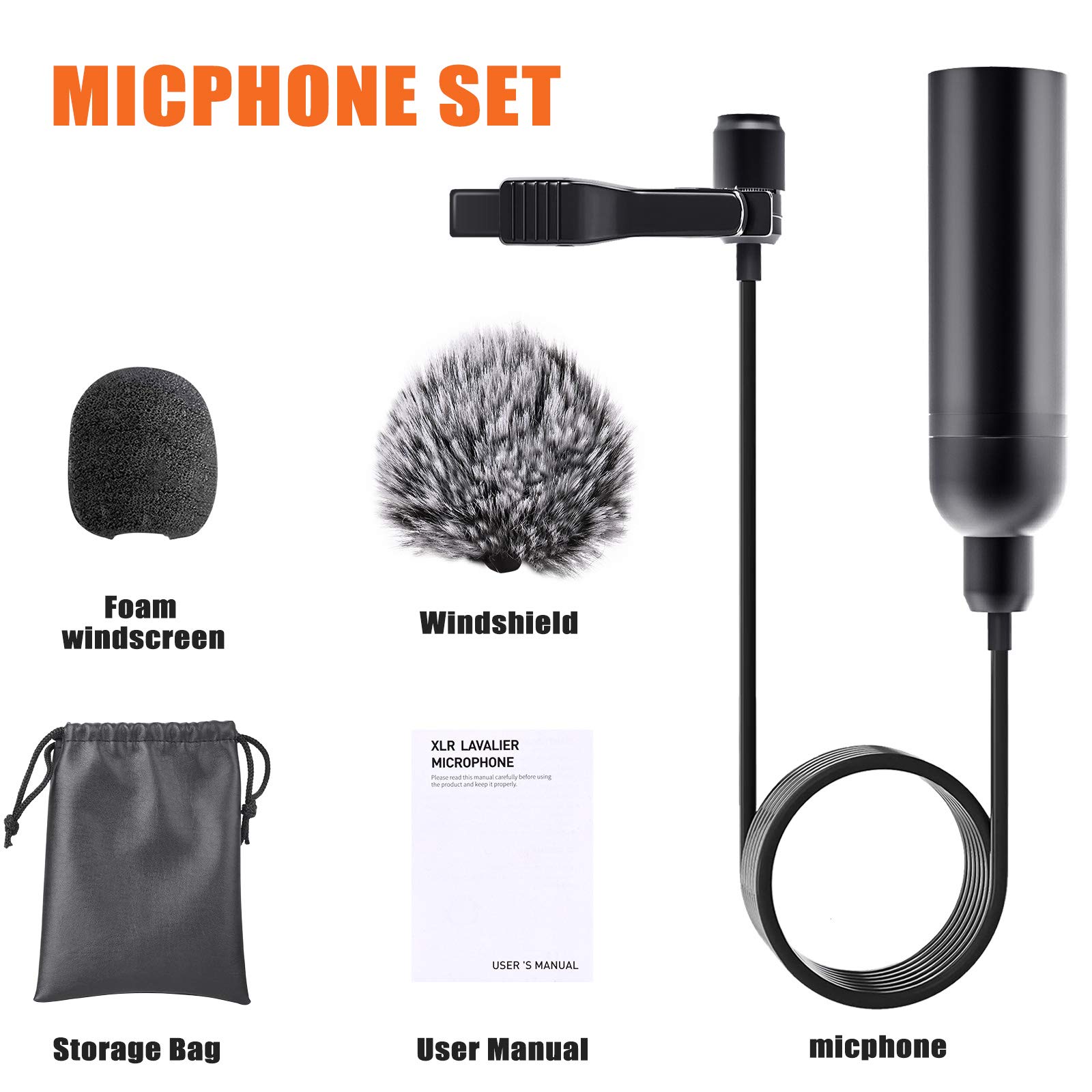 Tendak XLR Lavalier Microphone, Omnidirectional Lapel Mic, Phantom Power with Metal Lapel Clip and Windscreen Accessories Compatible with Canon Sony Panasonic Camcorders for Interview YouTube