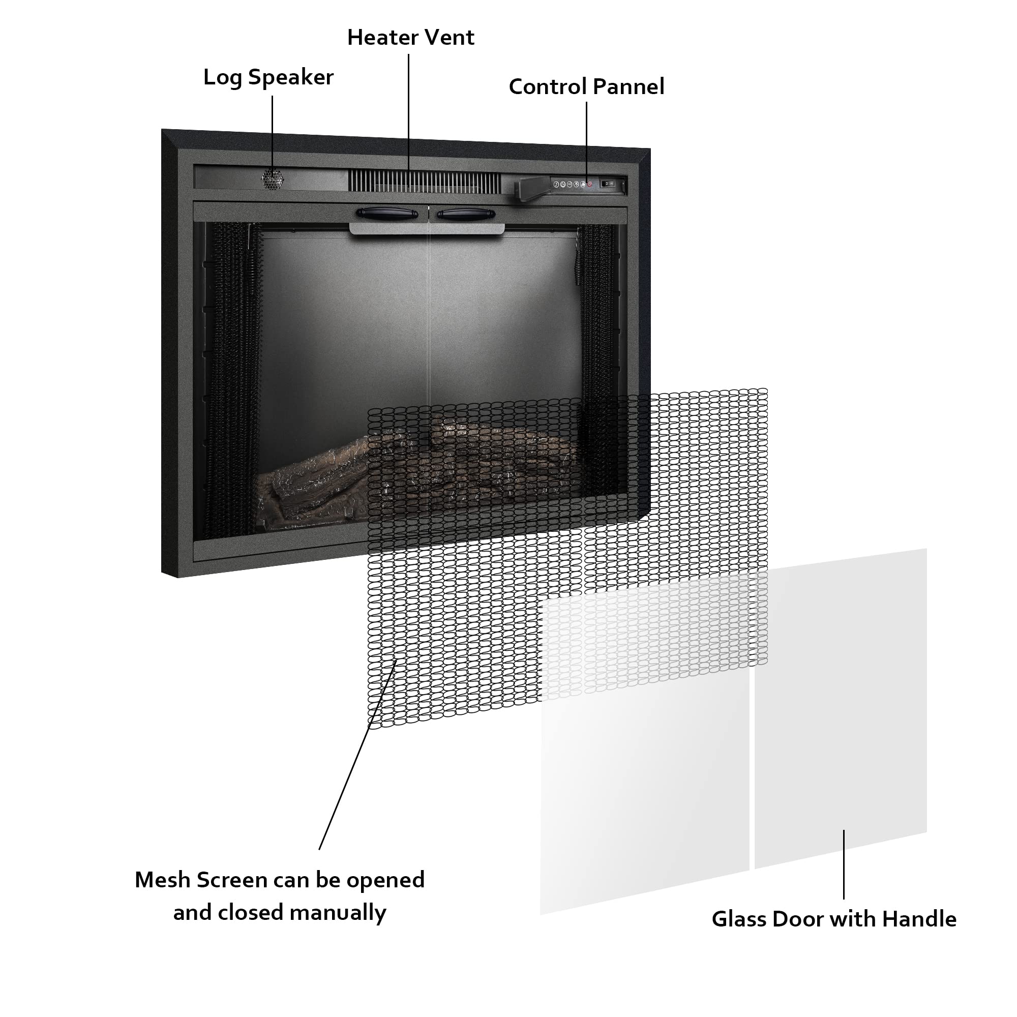 Benrocks 36β Electric Fireplace Inserts with Glass Door and Mesh Screen, Multicolor Flames & Fire Crackling Sounds, Timer, Overheating protection Fireplace Heater, 750/1500W