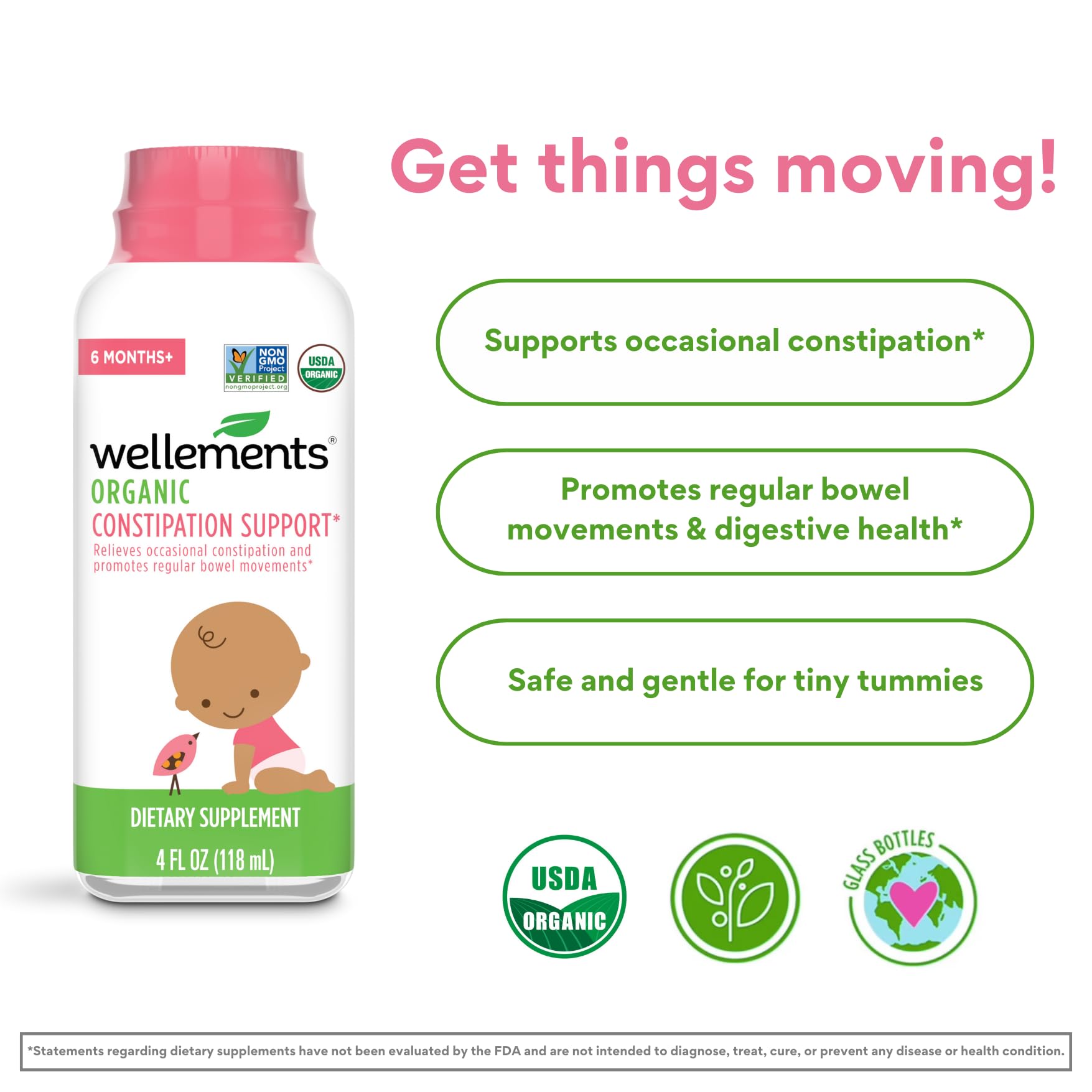 wellements Organic Baby Constipation Support Relieves Occasional Constipation for Infants & Toddlers, No Harsh Laxatives, USDA Certified Organic, 4 Fl Oz (Pack of 2), 6 Months +