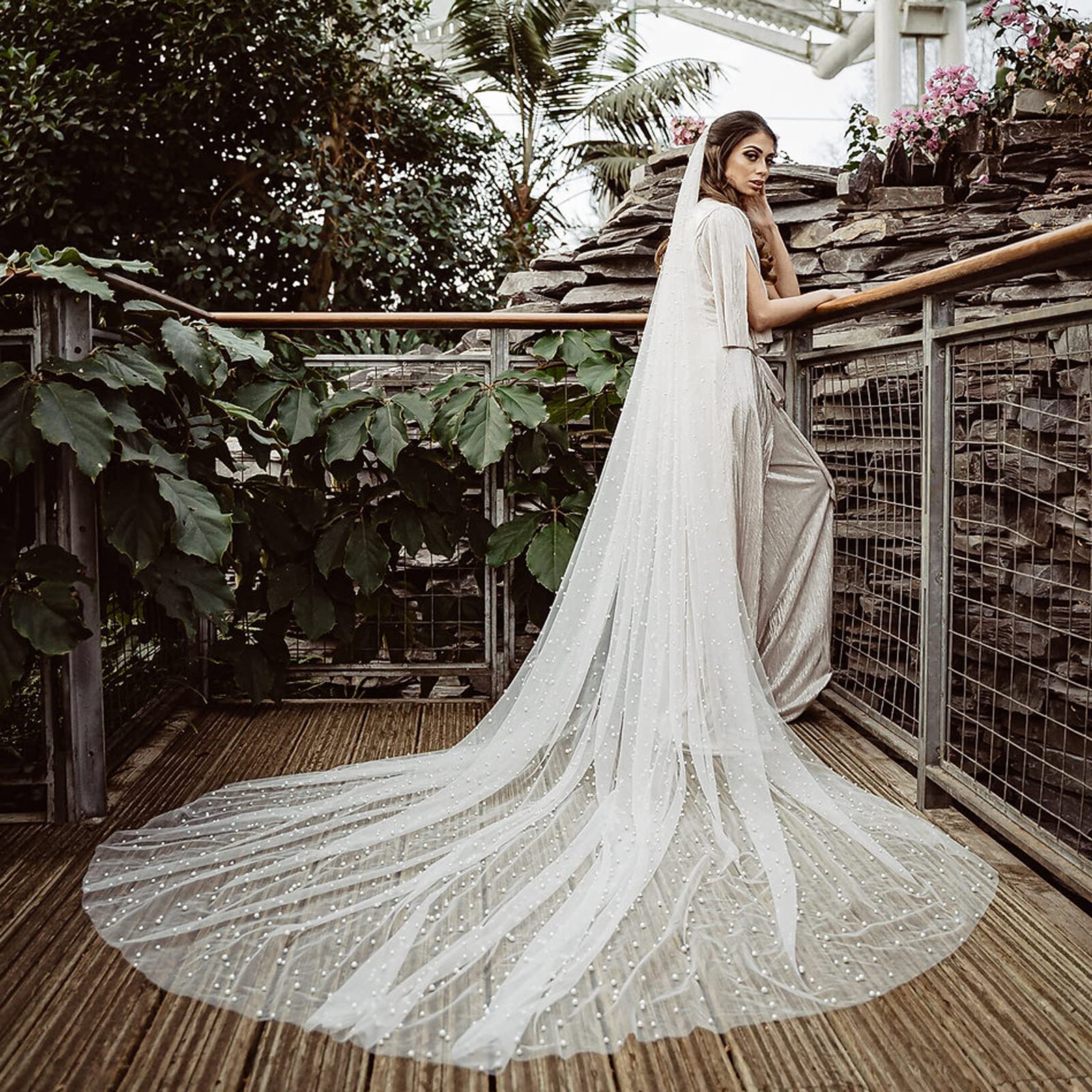 Bridal Wedding Veil 118" Long Cathedral Length Pearl Bridal Veil with Comb Y