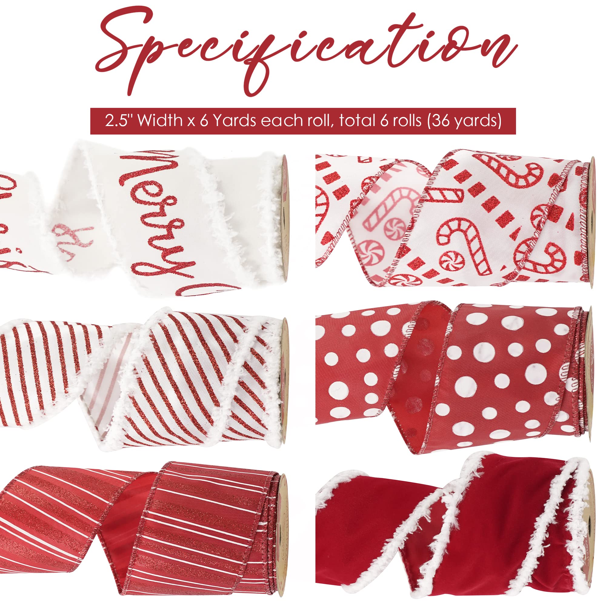 HUIHUANG Christmas Ribbon Wired Red Christmas Tree Ribbon 6 Rolls Red and White Ribbon Candy Cane Ribbon for Christmas Tree, Gift Wrapping, Wreath, Garland, Home Decor (2.5" Width, 36 Yards Total)