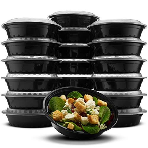 Paksh Novelty Lunch Box Sets/Round Large Food Container with Lid for Meal Prep, Microwaveable, Freezer & Dishwasher Safe, Leak Proof, 24 Ounce, 20 Pack, Black-BK09
