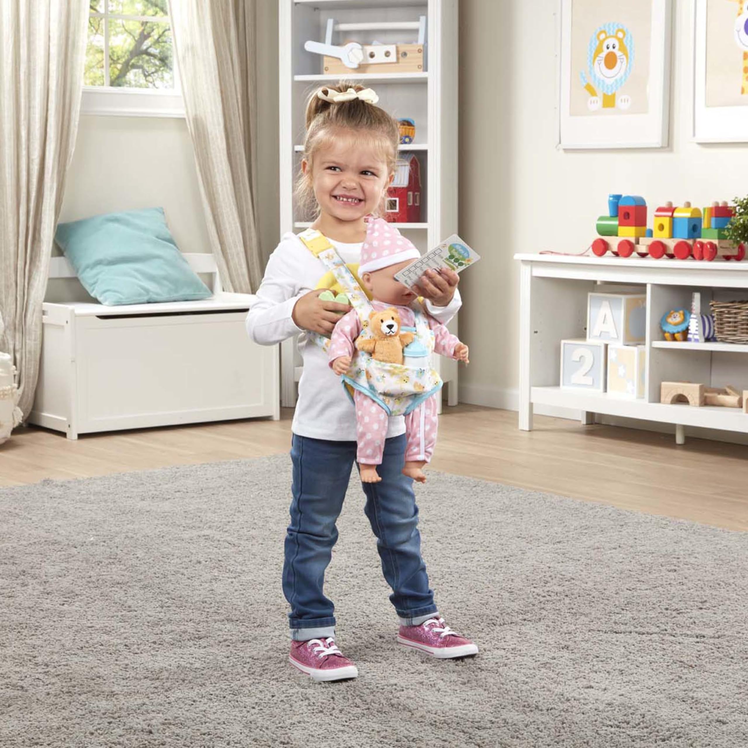 Melissa & Doug Mine to Love Carrier Play Set for Baby Dolls with Toy Bear, Bottle, Rattle, Activity Card, 14.25 x 8.25 x 2.5