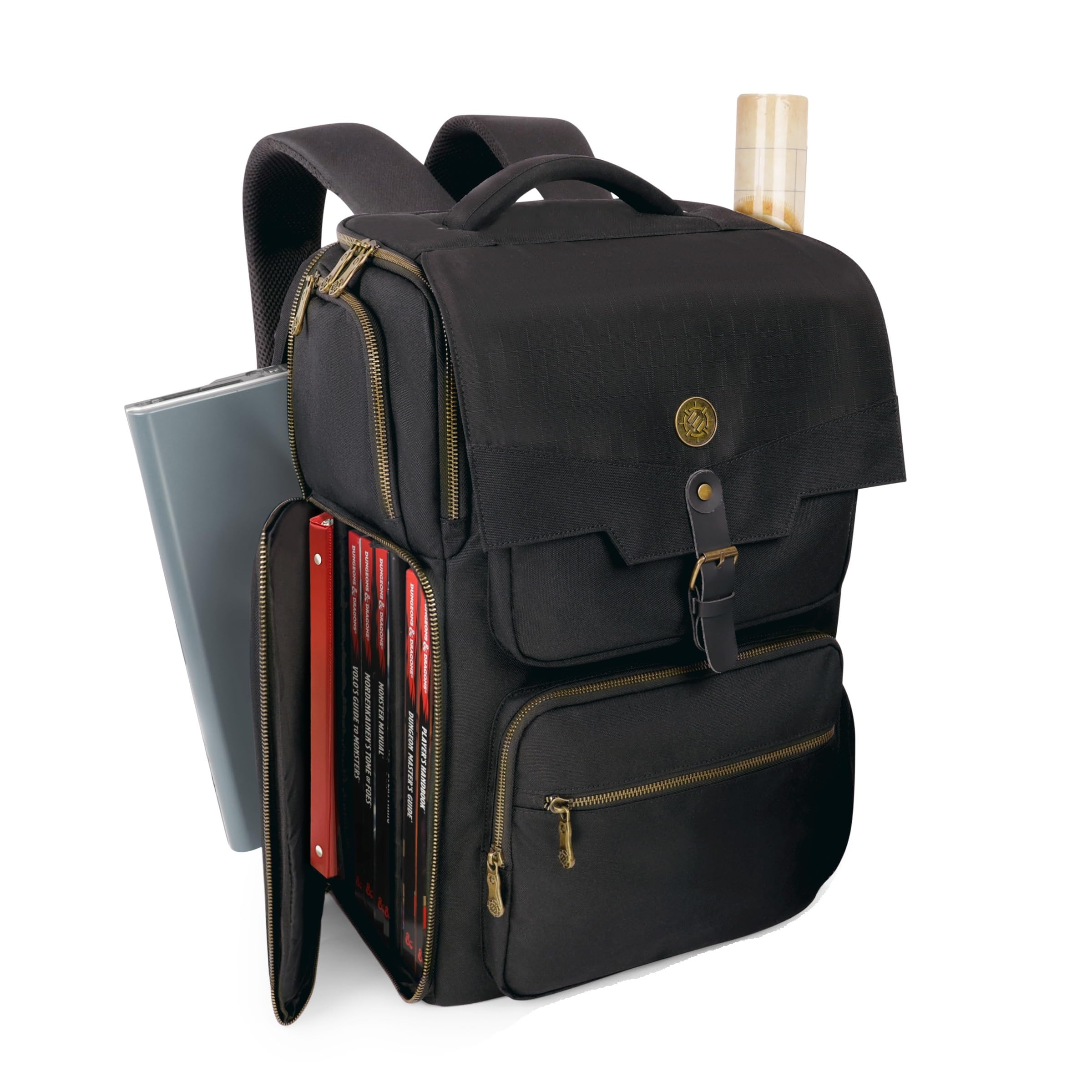 ENHANCE DnD Backpack - RPG DM Bag for Dungeons and Dragons - Travel DnD Bag Organizer fits 6-8 Books Upright, 18" Laptop/DM Screen Slot, Miniature Storage Foam Trays, Accessories Pockets, Map Strap