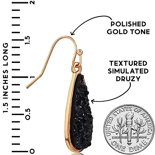 Humble Chic Simulated Druzy Drop Dangles - Sparkly Long Teardrop Dangly Earrings for Women, Gold - Black Stone