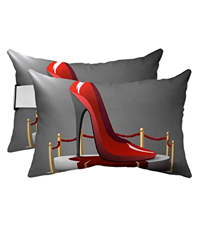 Houseall Outdoor Lumbar Pillows with Insert, Modern Red High Heel Shoes Ombre Gray Texture Waterproof Patio Pillows Adjustable Strap Head Resting Pillows for Chair Couch Office, 2PCS