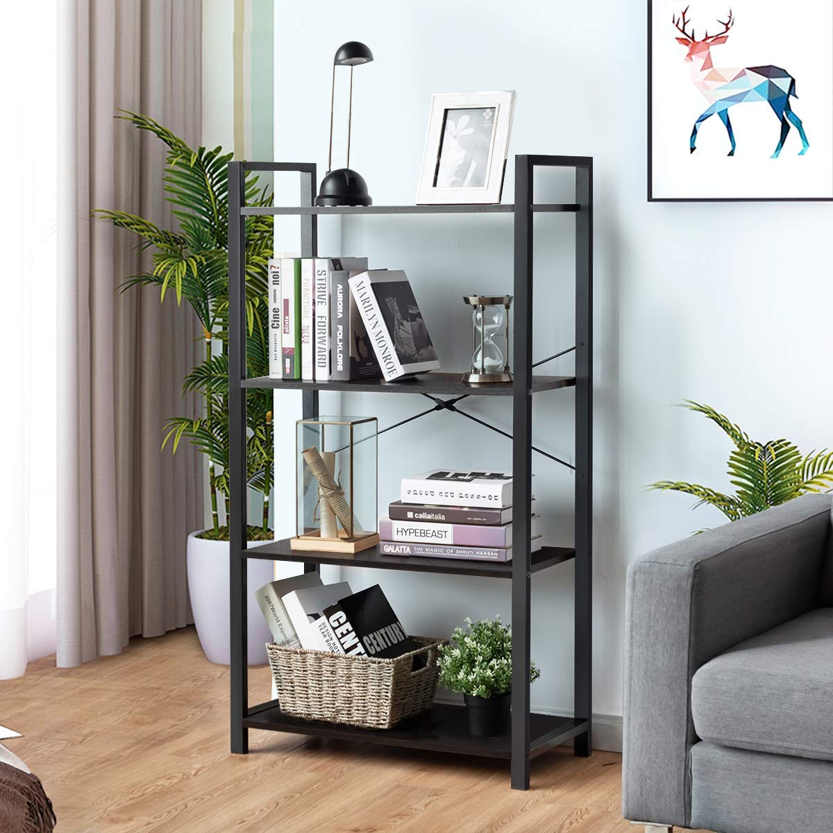 Giantex 4-Tier Industrial Bookshelf, Vintage Bookcase with Metal Frame, Standing Shelf Unit, Storage Shelves, Book Shelf for Living Room, Bedroom, Office, Black