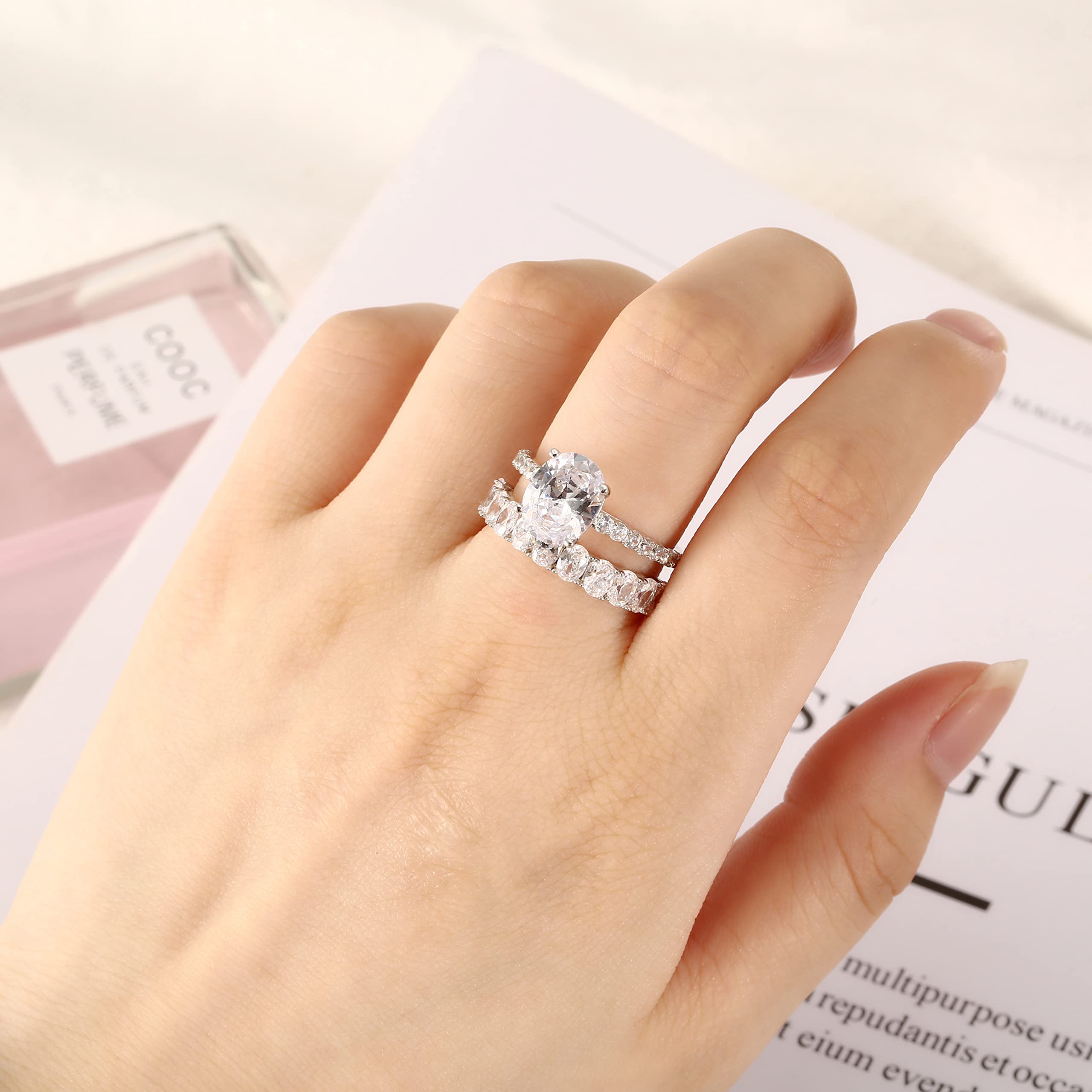 BONLAVIE 925 Sterling Silver Wedding Ring Set for Women 1ct Oval Cut White Cubic Zirconia Bridal Ring Set Wedding Bands Engagement Ring Set Size 10