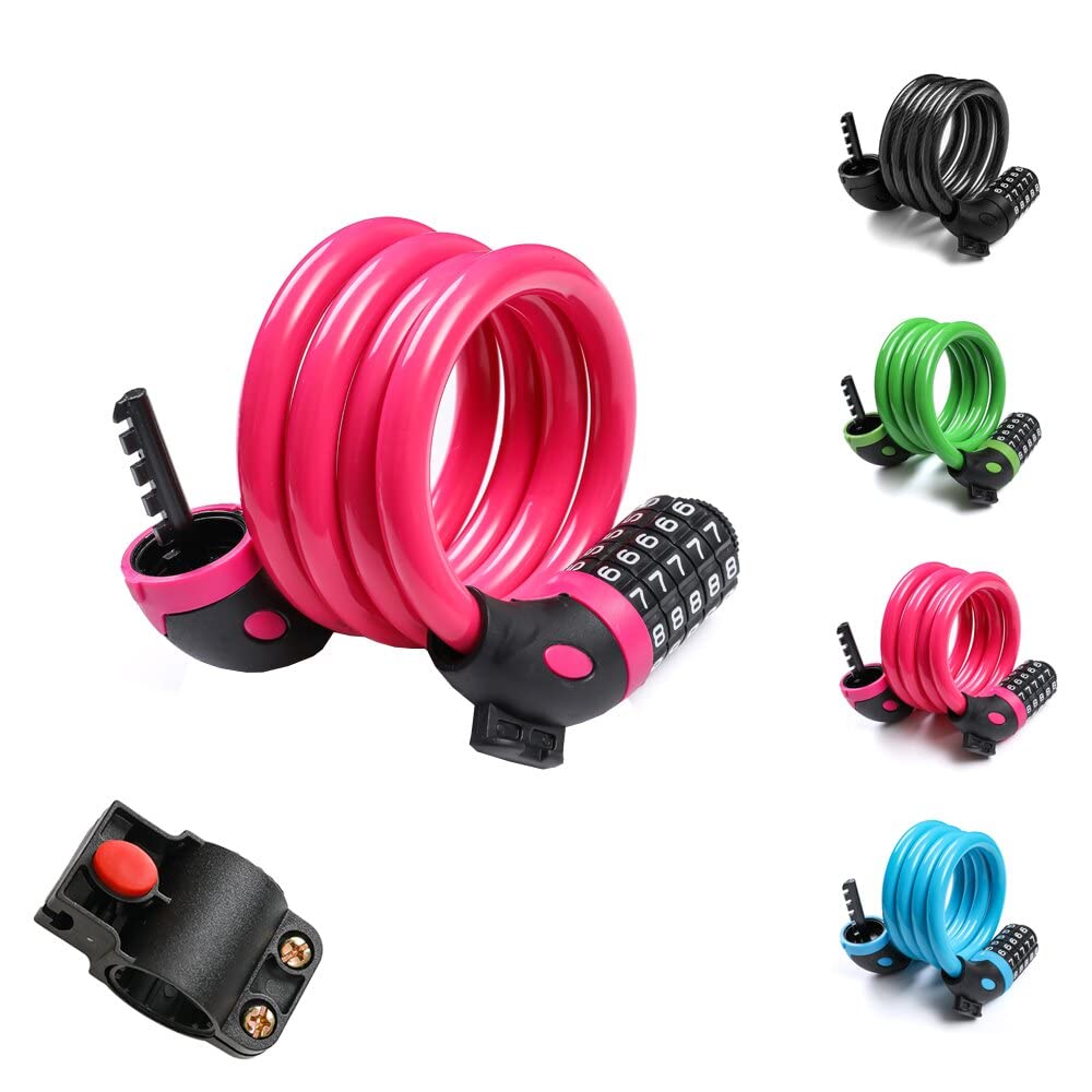 Bike Lock, Bike Cable Locks, Bike Combination Lock, with mounting Bracket,4 Feet Coiled Secure Resettable Combination Bike Bicycle Lock ,1/2 Inch Diameter (pink)