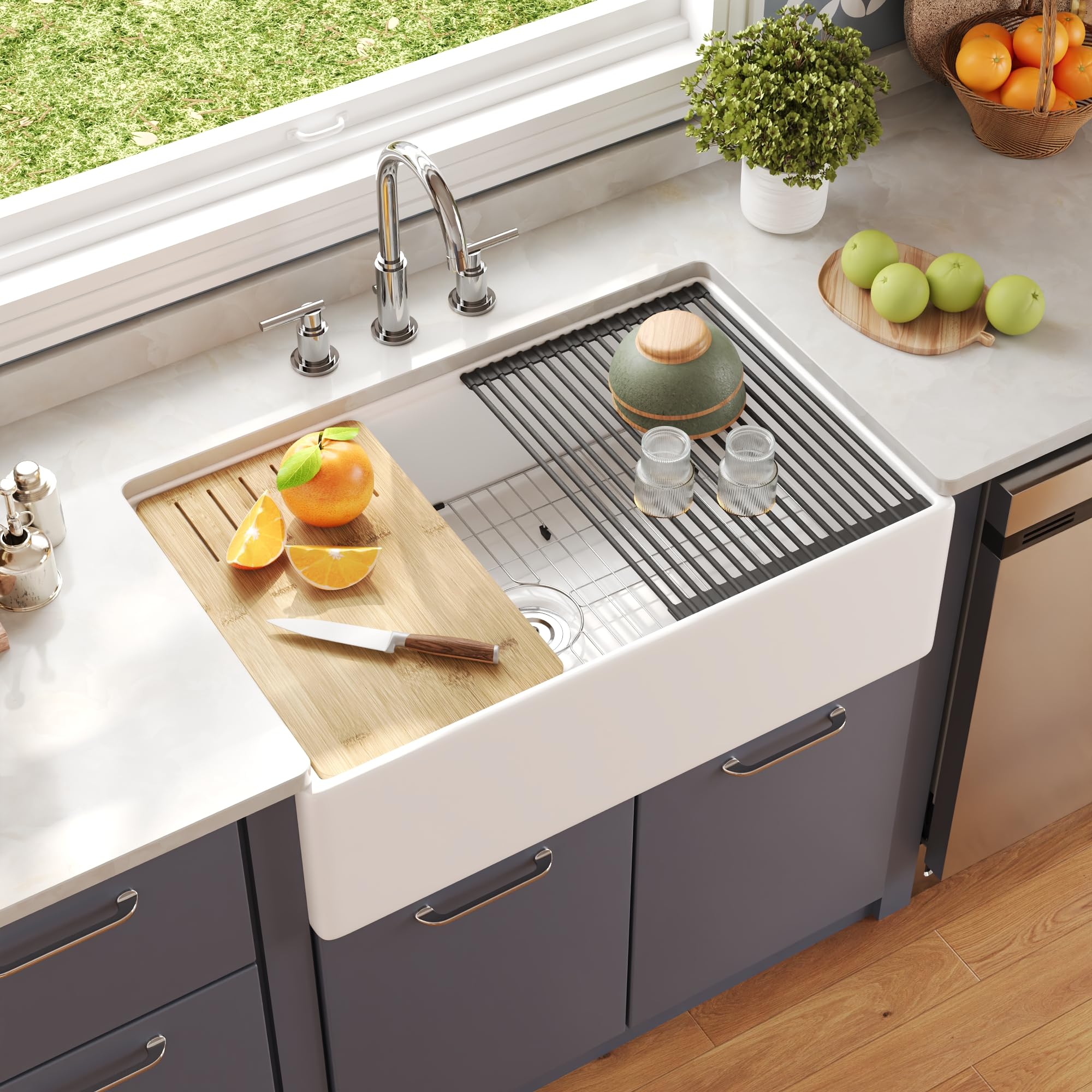 DeerValley 33" White Farmhouse Sink for Kicthen, Fireclay Kitchen Sink - Deep Single Bowl Apron Front Sink with Workstation Accessories