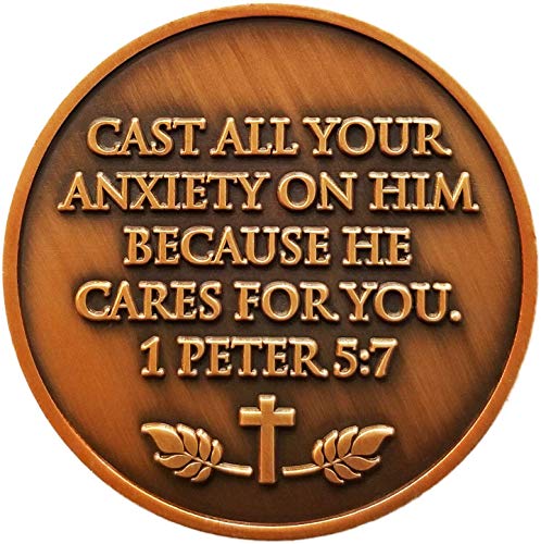Don't Be Anxious Coin, Believe in me, Worry Stone for Anxiety, Antique Gold-Color Plated Challenge Coin, He Cares for You - 1 Peter 5:7 Gift