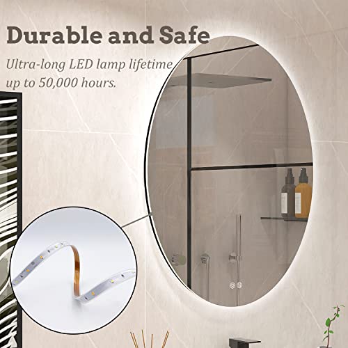 BuLife 28 X 20 Inch Oval Backlit LED Bathroom Mirror Anti-Fog 3 Colors Light Dimmable Wall Mounted Lighted Bathroom Vanity Mirror Smart Makeup Mirror with Touch Switch