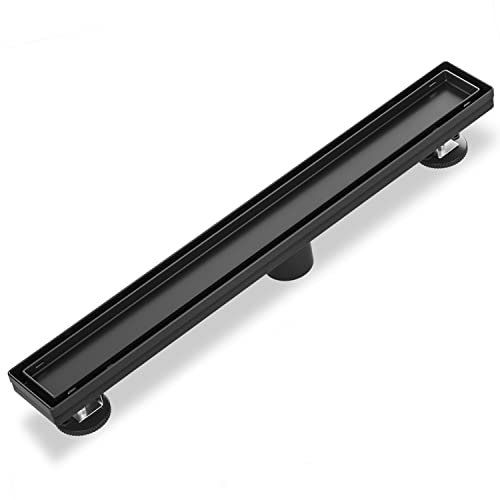 Dilvii 24 Inch Linear Shower Drain Tile Insert Matte Black, Stainless Steel Rectangle Floor Drain with Reversible Cover, Hair Catcher, Adjustable Feet