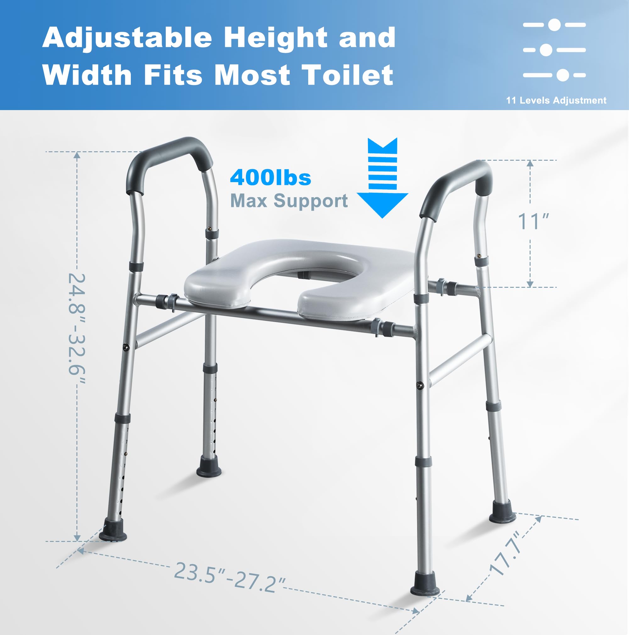 Deewow Raised Toilet Seat with Handles, Toilet Seat Riser for Seniors with Height and Width Adjustable, up to 400lbs, Commode Chair for Elderly, Pregnant and Handicap, Fit Any Toilet, FSA/HAS Eligible