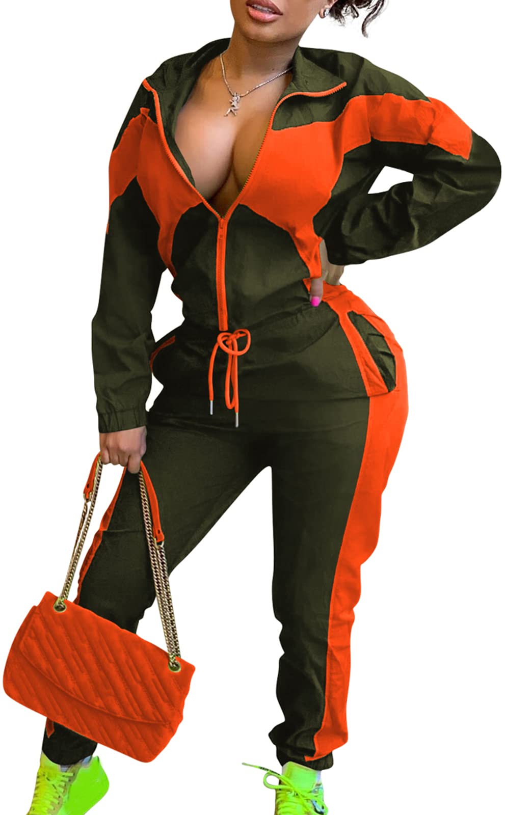 Choichic Women's Jogging Suits Two Piece Sweatsuit Color Block Long Sleeve Zip Up Crop Top Long Pants Tracksuit Set Pants Set Army Green Large