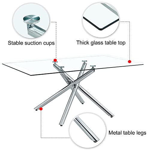 Ebullient 63" Glass Dining Table Set for 6 Modern Tempered Glass Top Dining Room Table with 6 Pcs White Faux Leather Dining Chairs，Kitchen & Dining Room Sets (Silver Base, White)