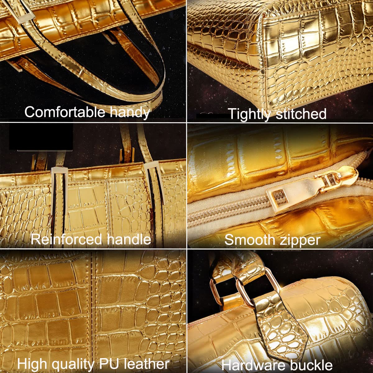 XingChen 3-PC Women PU Handbag+Shoulder Bag+Clutch Crocodile Pattern Top Handle Fashion Satchel Tote Purse Black