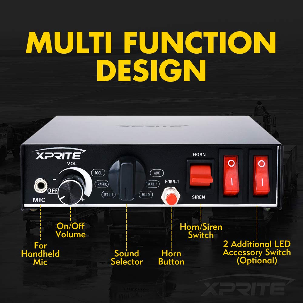 Xprite 200 Watt 8 Tones Emergency Warning Siren Speaker PA System Kit w/Handheld Microphone & Light Control Switches for Police Cars