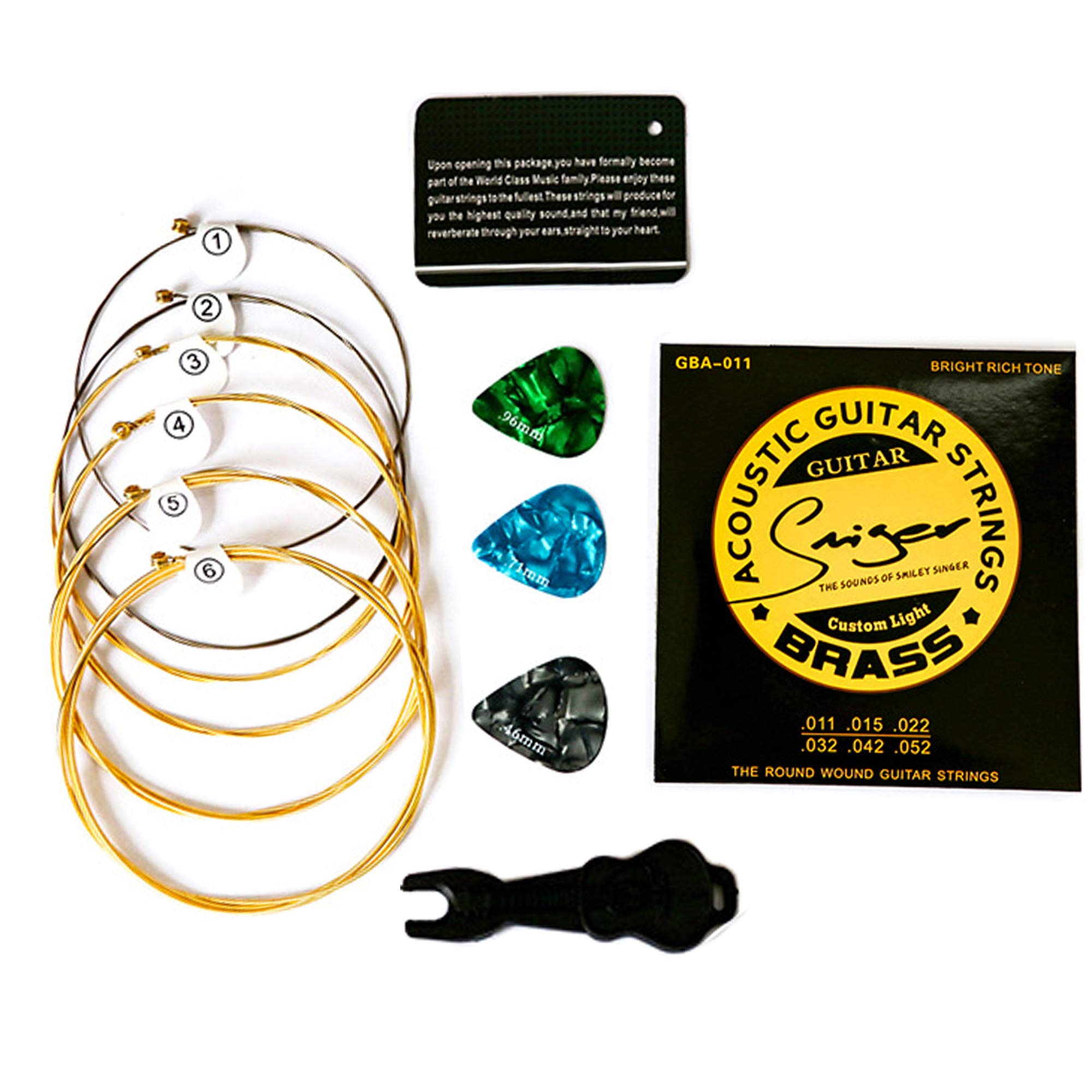 bestwishes Acoustic Guitar Strings, Brass Guitar Strings.011-.052 Guitar Strings Acoustic 6 String Set, 3 Guitar Picks And 1 String Changing Tool, GBA-011