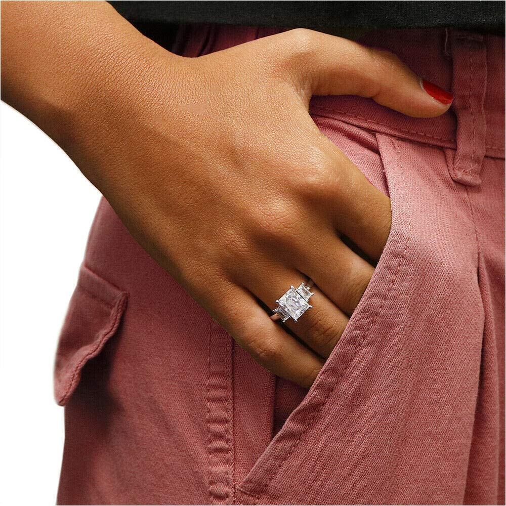 BestWStore Sterling Silver Women's CZ Emerald Cut 3 Stone Engagement Wedding Band Ring NEW!