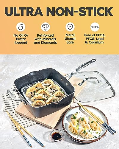 Granitestone 9.5 Inch Deep Frying Pan with Lid, 4 Pc Non Stick Deep Square Frying Pan Set with Steamer & Fry Basket, Large Frying Pan/Saute Pan for Cooking, Dishwasher/Oven Safe, 100% Non Toxic