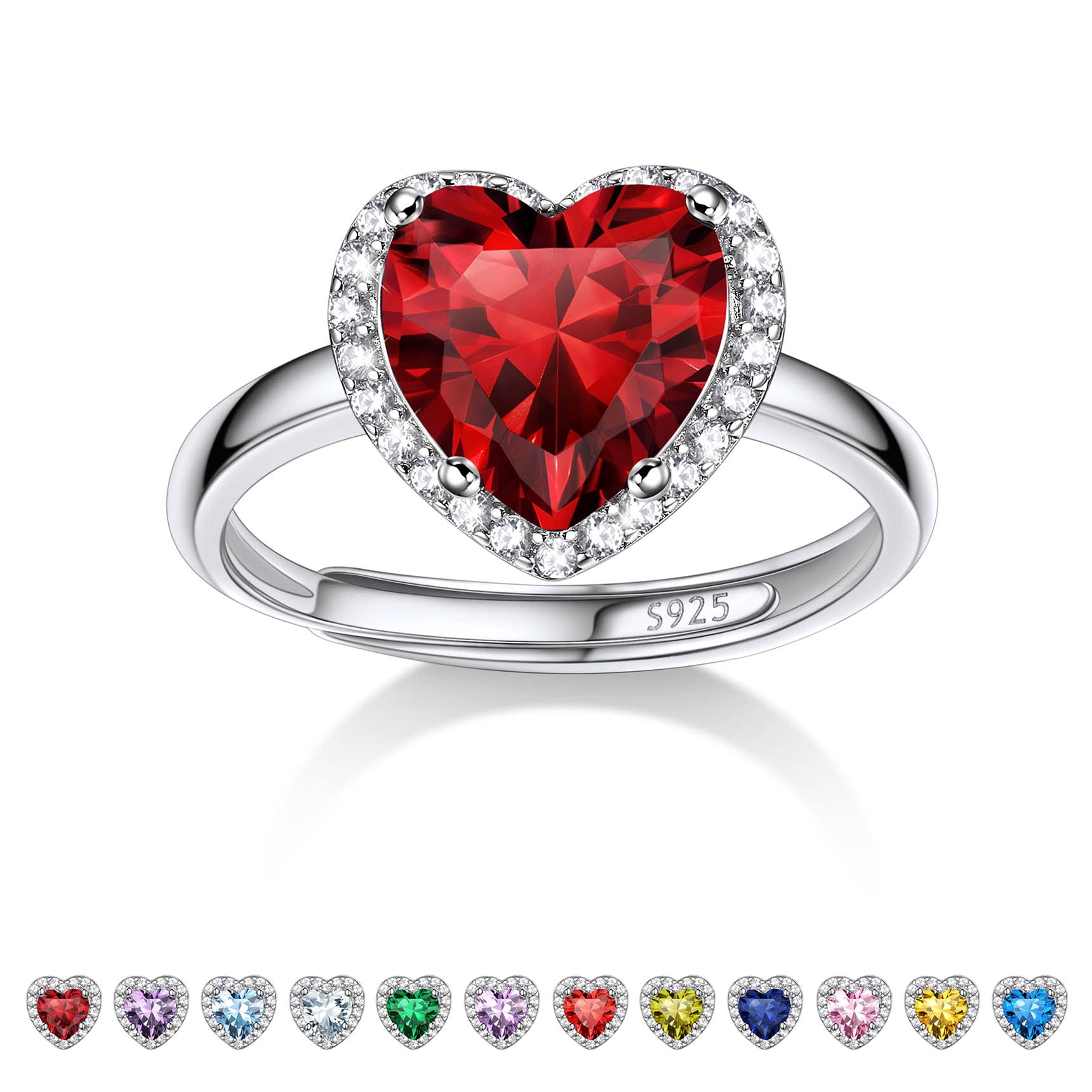 Bestyle 925 Sterling Silver Created Diamond Rings Heart Crytsal Rings for Women, 8mm January Granet Birthstone Gemstone Rings Illuminated by 1mm White Cubic Zirconia