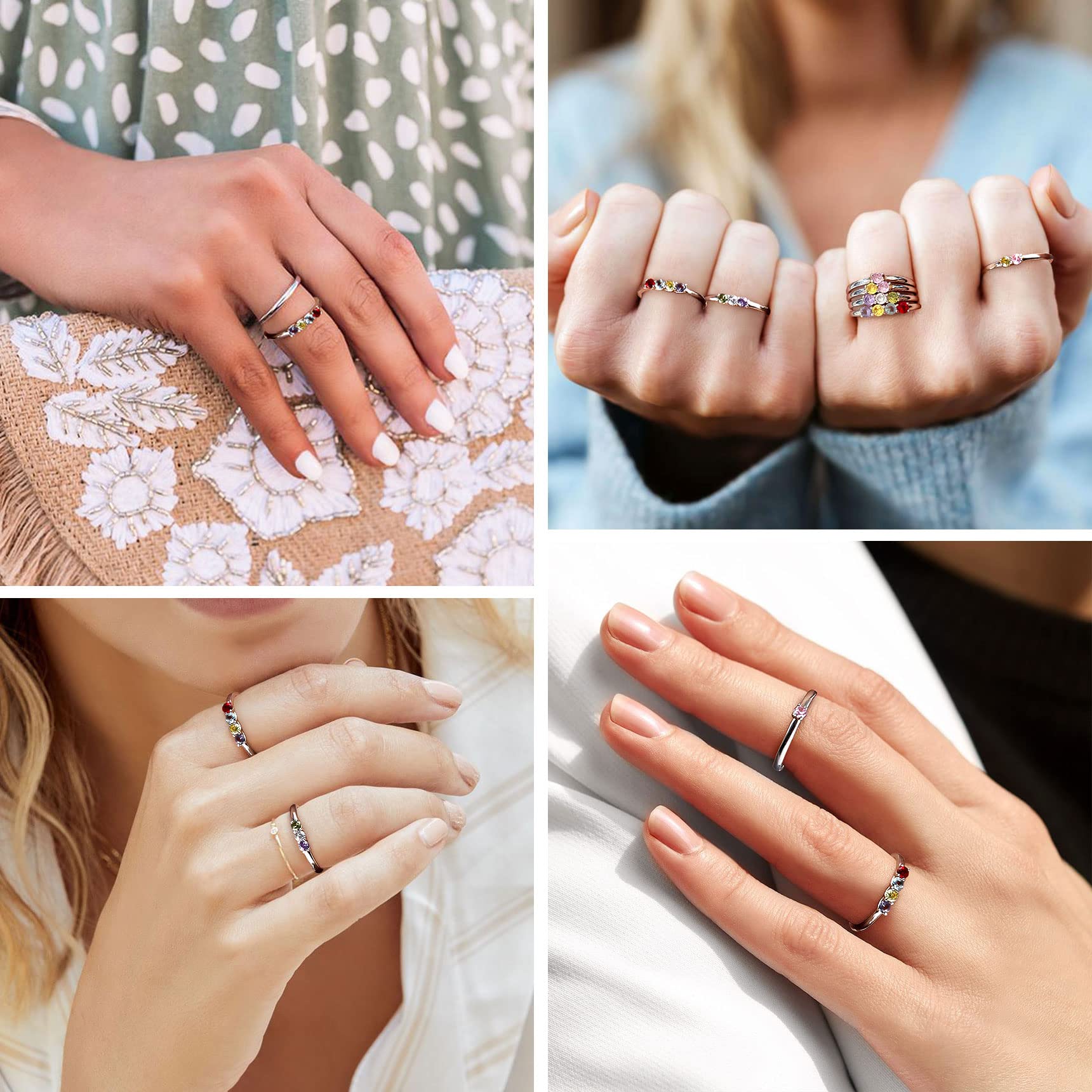 Bestyle Custom Birthstone Rings for 3, Dainty Sterling Silver Stacking Band Ring for Women, Great Statment Promise Ring on Thanksgiving/Christmas/Valentines'/Mother's Day