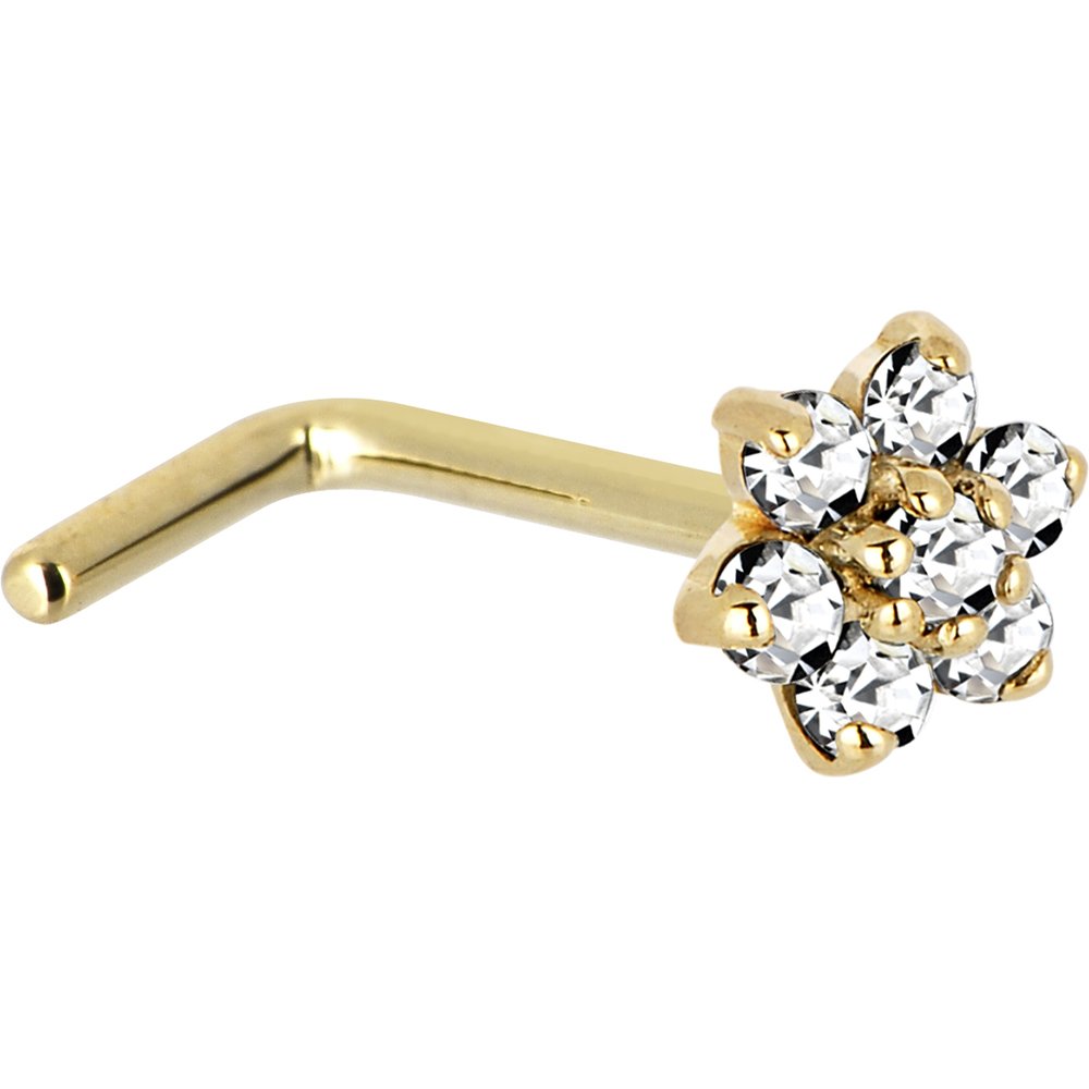 Body Candy Solid 14k Yellow Gold Clear Cubic Zirconia Flower LShaped Nose Stud Ring 18 Gauge