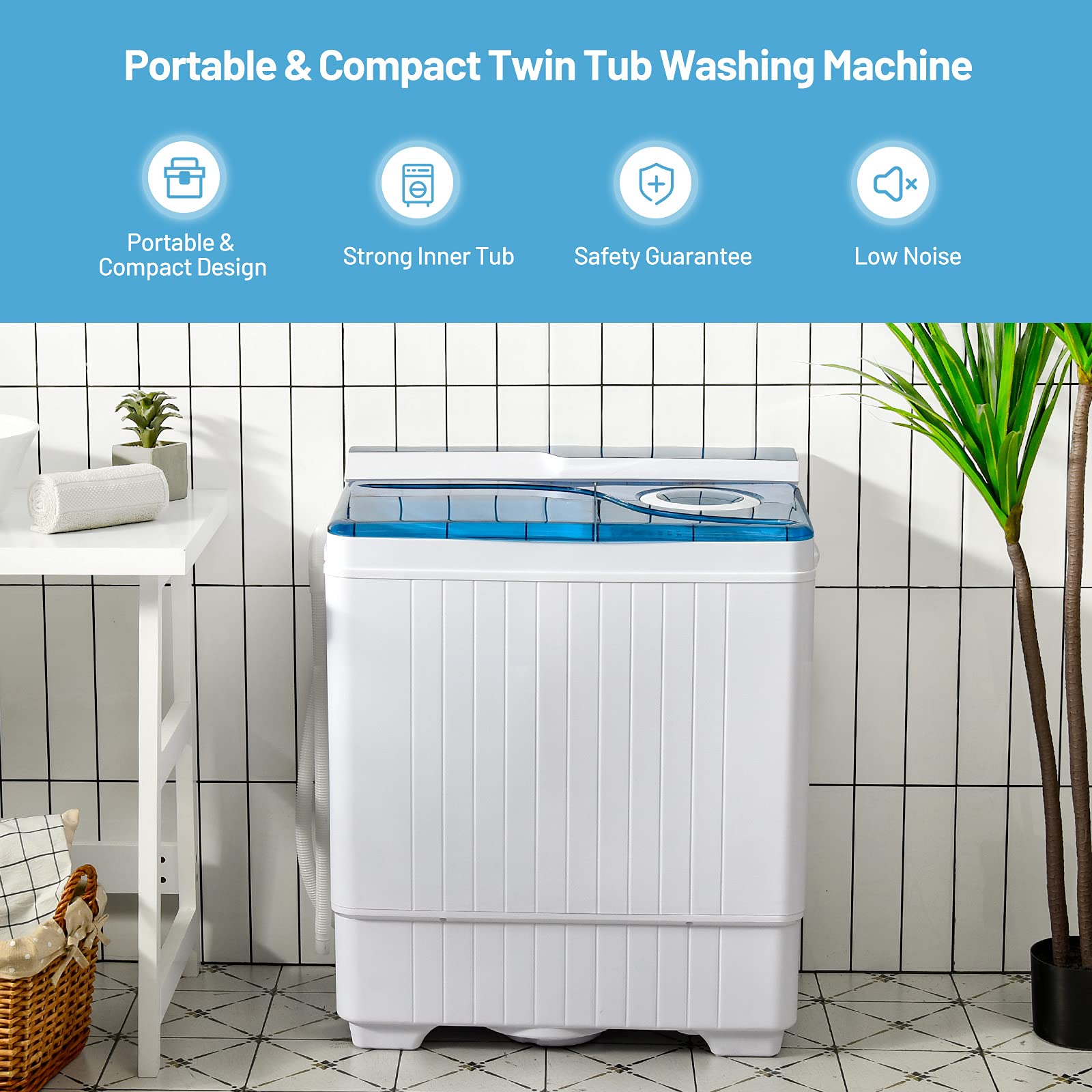 Giantex Washing Machine Semi-automatic, Twin Tub Washer with Spin Dryer, 26lbs Capacity, Built-in Drain Pump, Portable Laundry Washer, Compact Washing Machine for Apartment, Dorm and RV (White+Blue)