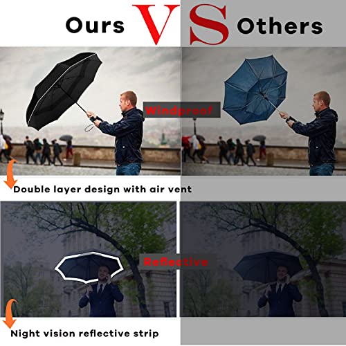 MRTLLOA 49 Inch Large Windproof Travel Umbrella, Double Canopy Vented Waterproof Compact Folding Golf Umbrellas for Rain, Portable for Car, Backpack, Luggage(49 Inch, Black)