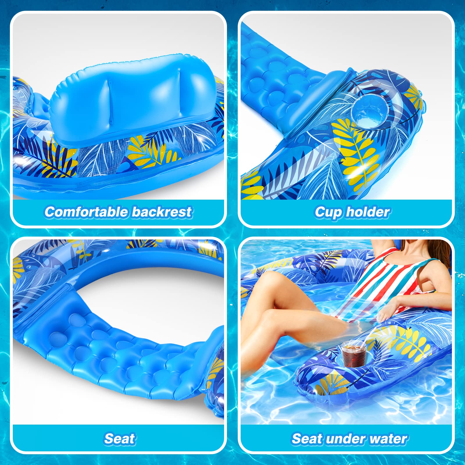 INOMO Portable Ac Window Vent Kit Inflatable Pool Float Chair, 2 Pack Pool Chair Floats for Swimming Pool Floats Adults Size Lounger with Backrest & Cup Holder