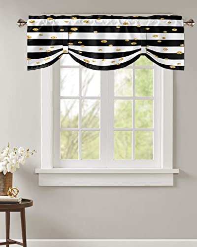 Livencher Tie-Up Valance Curtains for Window - Black and White Stripe Gold Polka Dot Kitchen Valance - Light Filtering Valance Curtains Short Curtains with Adjustable Tie 42"x12"