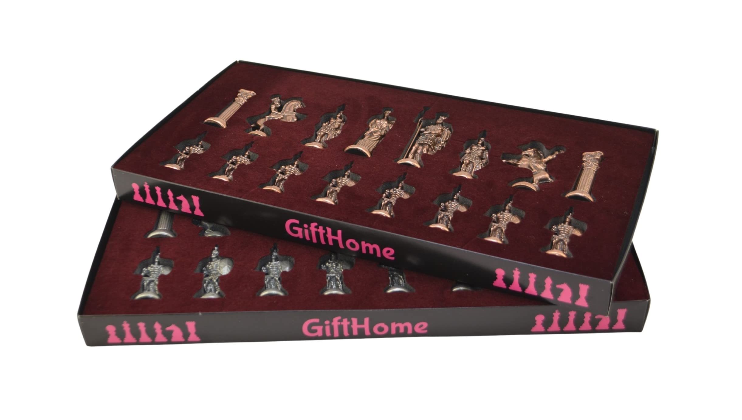 Metal Chess Set for Adult Historical Antique Copper Rome Figures Handmade Pieces and Natural Solid Wooden Chess Board with Original Pearl Around Board and Storage Inside King 4 inc