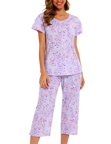 ENJOYNIGHT Women's Cute Sleepwear Tops with Capri Pants Pajama Sets Cotton Pj Set for Women(2X-Large,PU) Purple