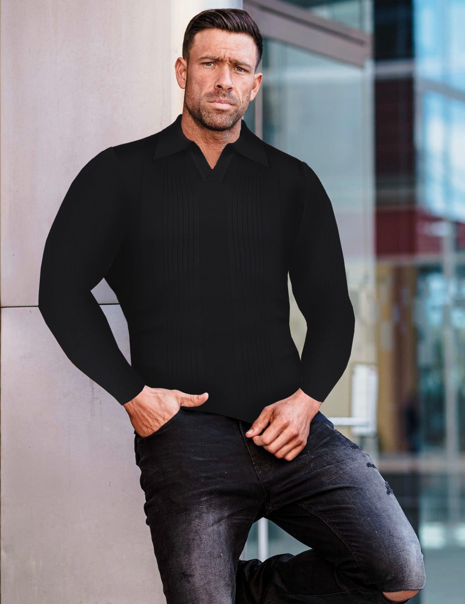CHOMOLEZA Men's Slim Fit Knit Polo Shirt Long Sleeve Casual Basic Tee Stretch Golf Shirt Muscle Fit T-Shirt Black S