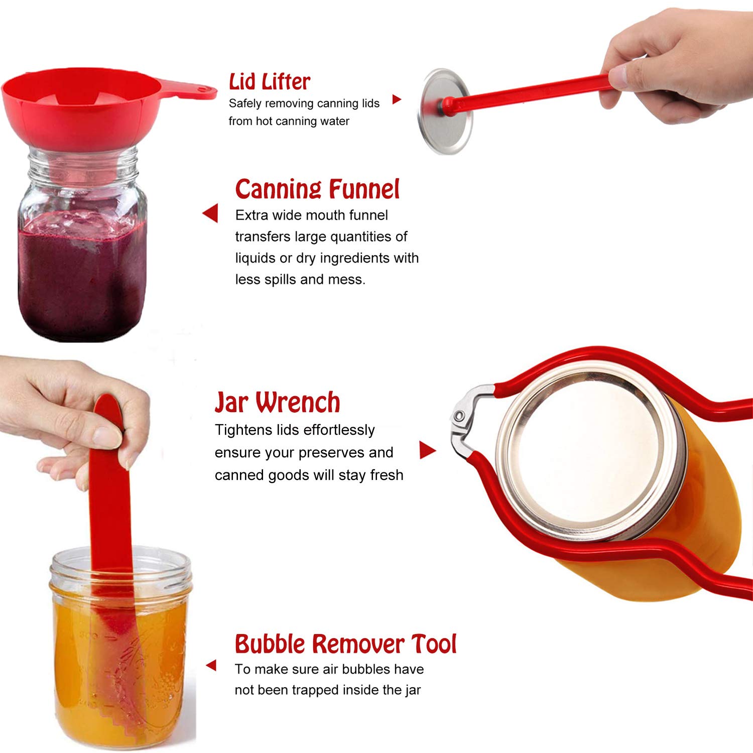 Canning Kit Canning Tools Canning Set Canning Supplies Include Canning Funnel, Jar Lifter, Jar Wrench, Lid Lifter, Canning Tongs, Bubble Popper/Bubble Measurer/Bubble Remover Tool (Red)